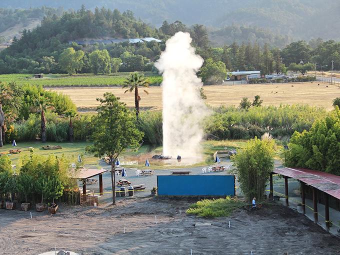 When Old Faithful hits its stride, the column of water reaches impressive heights, creating a misty spectacle visible from across the property.