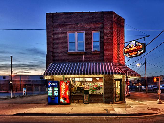 The Shamrock Shop glows at twilight like a time capsule from another era&mdash;a corner store that defies the digital age with analog charm.