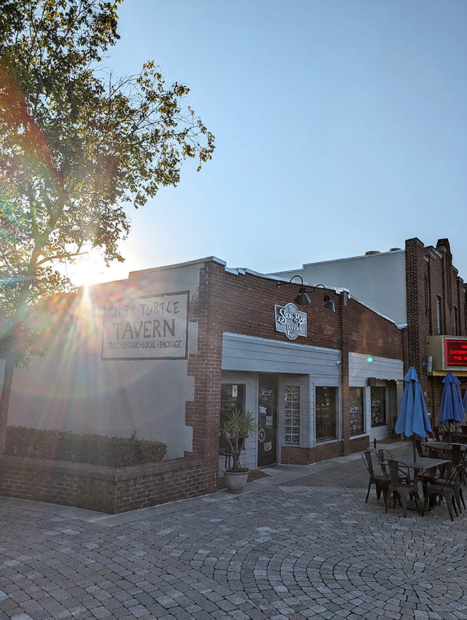 The Tipsy Turtle Tavern catches golden hour like a pro, proving that brick buildings and sunset light create magic that no filter could ever improve.