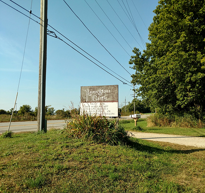 Not exactly medieval GPS, but this humble roadside sign offers the first clue that something magical awaits just down this rural Illinois road.