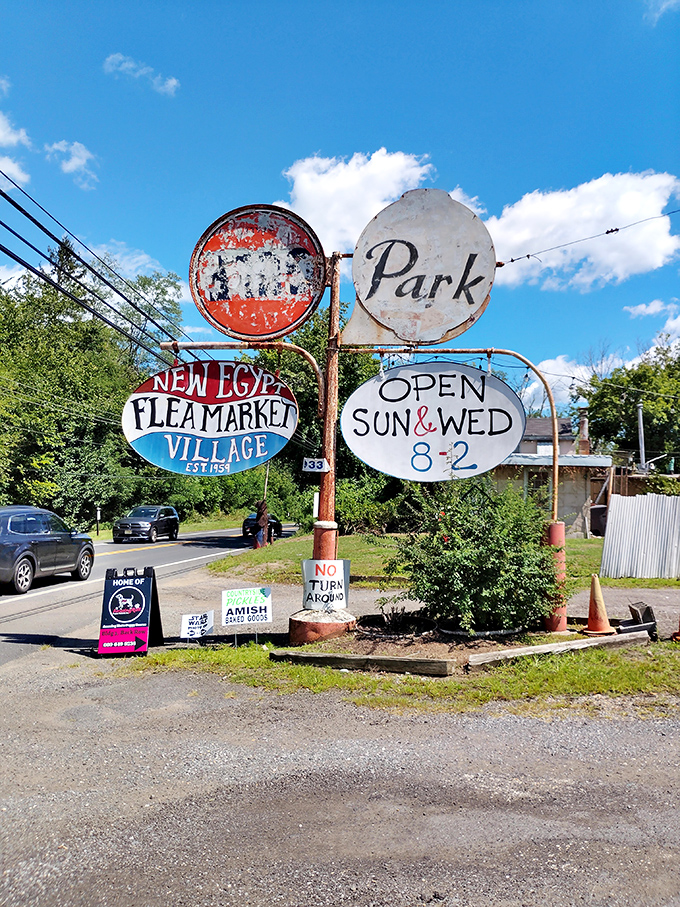 Weathered signs announce the market's schedule with vintage charm. Established in 1959, this isn't just shopping—it's a New Jersey tradition.