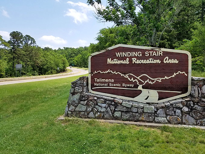 The sign says "Winding Stair," but really means "prepare for jaw-dropping beauty ahead." Consider yourself warned.