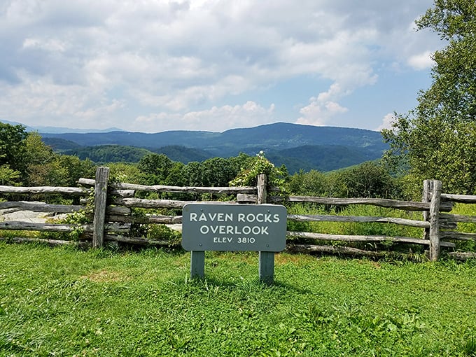 The sign makes it official at 3,810 feet elevation. Raven Rocks Overlook: where the air is fresher and your social media posts will be envied.