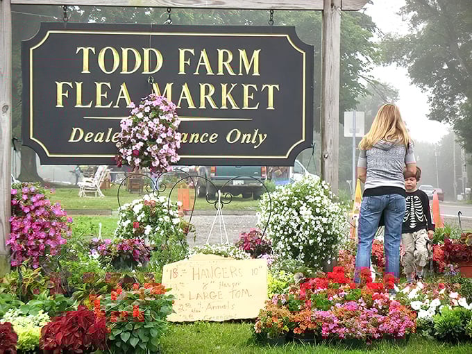 Morning fog creates the perfect dramatic entrance for early shoppers, the sign promising dealer entrance only—the velvet rope of flea marketing.