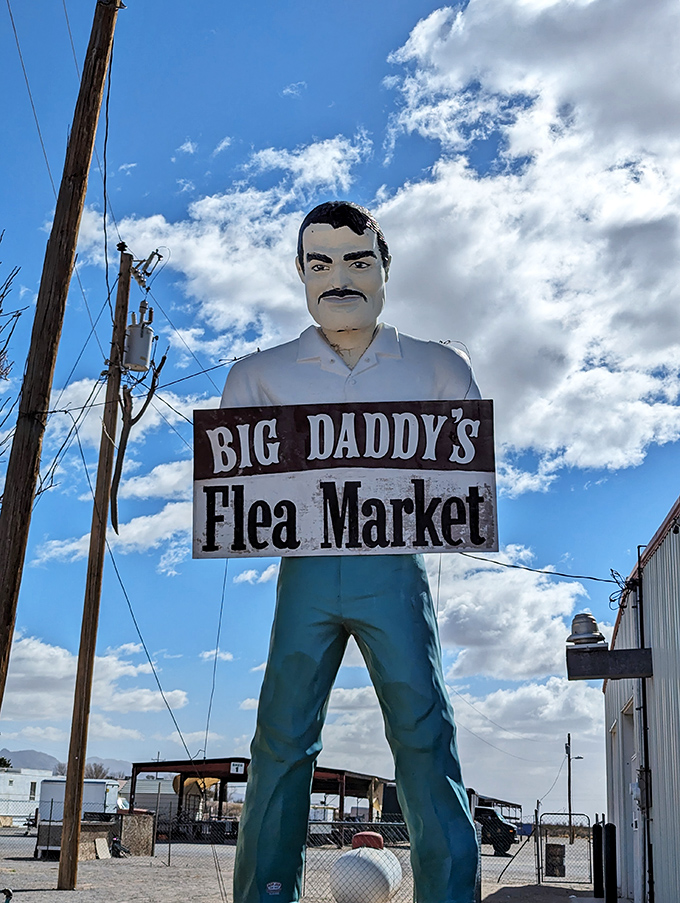 The iconic Big Daddy himself stands tall, a fiberglass sentinel welcoming bargain hunters to his kingdom of second-hand treasures.