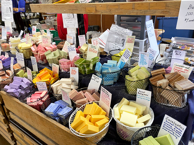 Handmade soaps in rainbow colors&mdash;because even your soap dish deserves a little Pennsylvania Dutch artistry.
