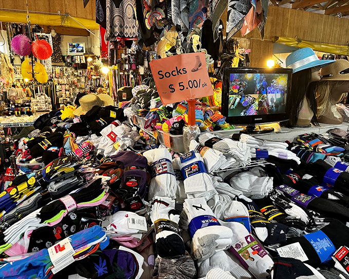 A sock mountain that would make Marie Kondo weep and bargain hunters rejoice. More varieties than Baskin-Robbins has flavors!