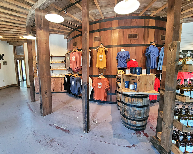Rustic meets retail in a merchandise area where wine barrels cleverly double as display fixtures for the "I came, I saw, I sipped" souvenirs.