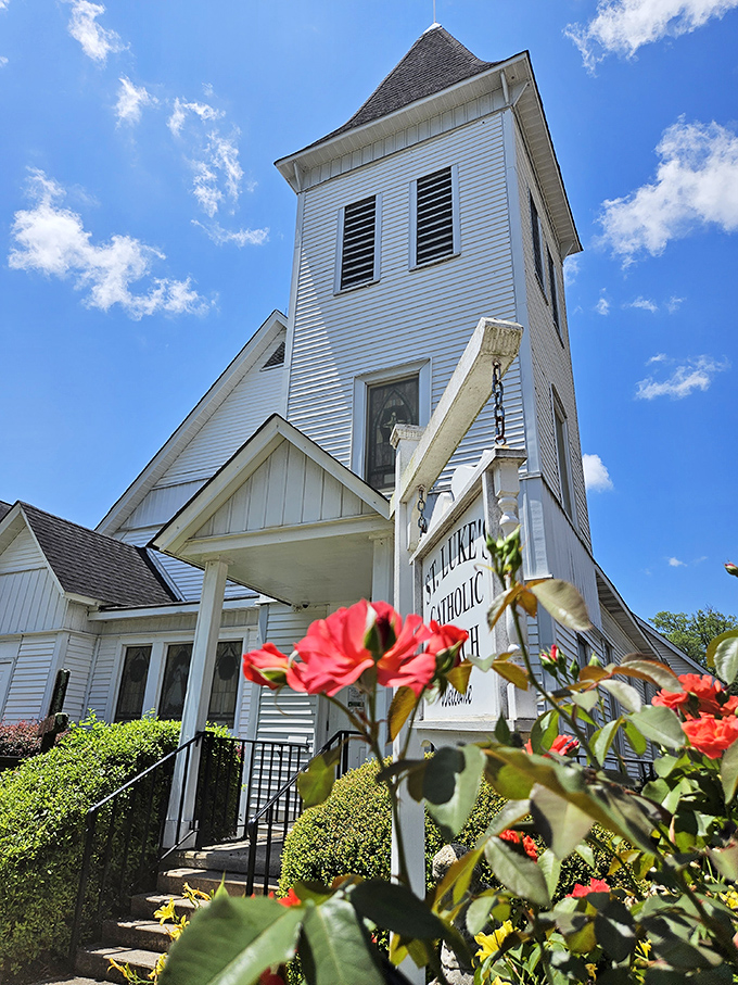 St. Luke's Catholic Church reaches skyward with its charming white steeple, roses blooming at its feet like faithful parishioners.