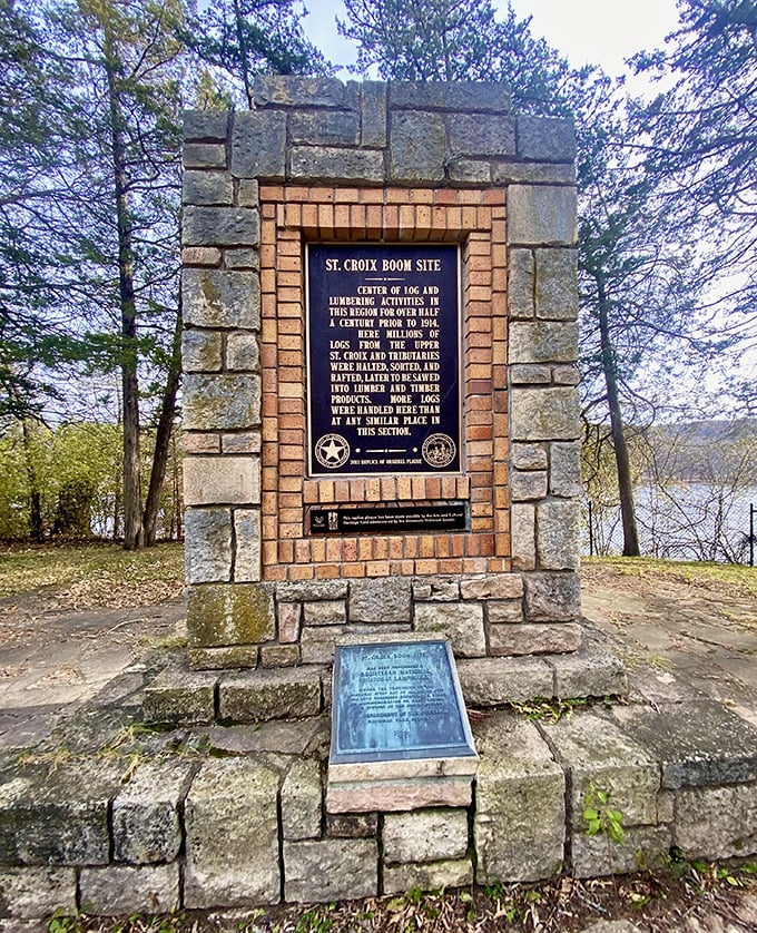 The St. Croix Boom Site marker stands as a testament to when lumber, not tourists, was Stillwater's main export. 