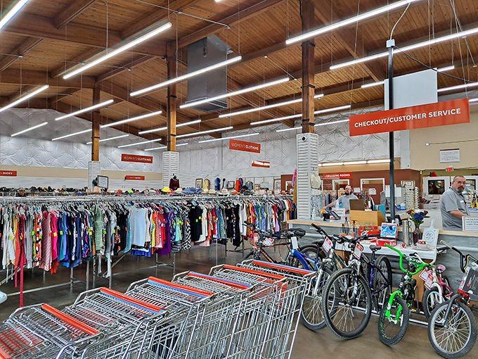 Shopping carts stand ready for filling while bicycles await new riders&mdash;proof that transportation and recreation don't need to break the bank.