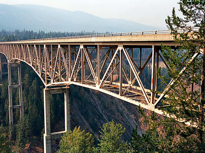 Sunlight filters through pine branches, offering glimpses of the bridge that connects more than just two sides of a canyon.