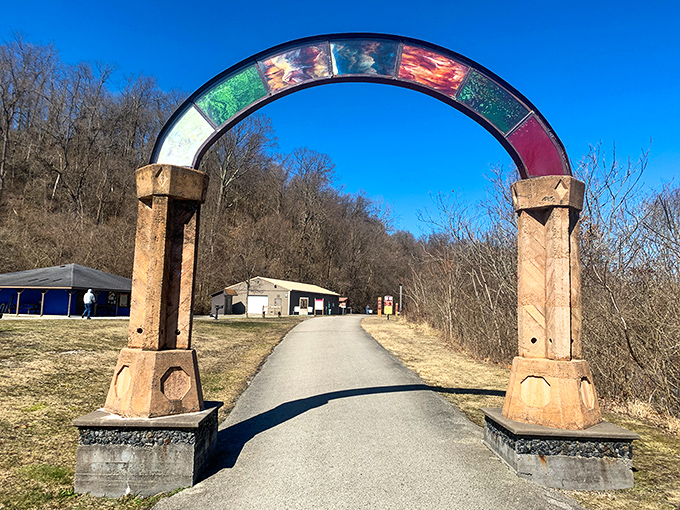 This colorful arch marks the entrance to one of Connellsville's recreational areas, where the path ahead is as bright as the stained glass above.