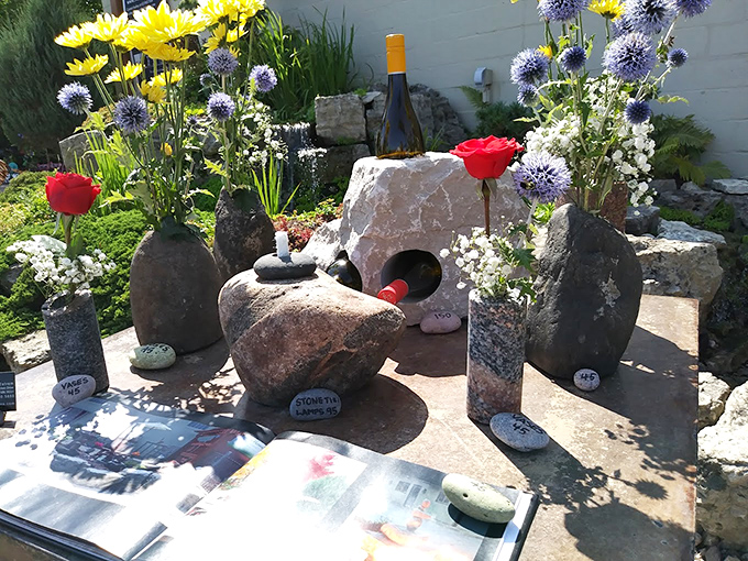 Nature meets artistry in this stone display where Minnesota's geological bounty becomes functional art for the discerning garden enthusiast.