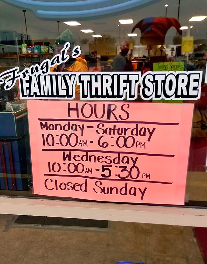 Store hours posted with old-school charm. The handwritten sign feels like a personal invitation to this treasure hunt, though Sunday seekers must look elsewhere.