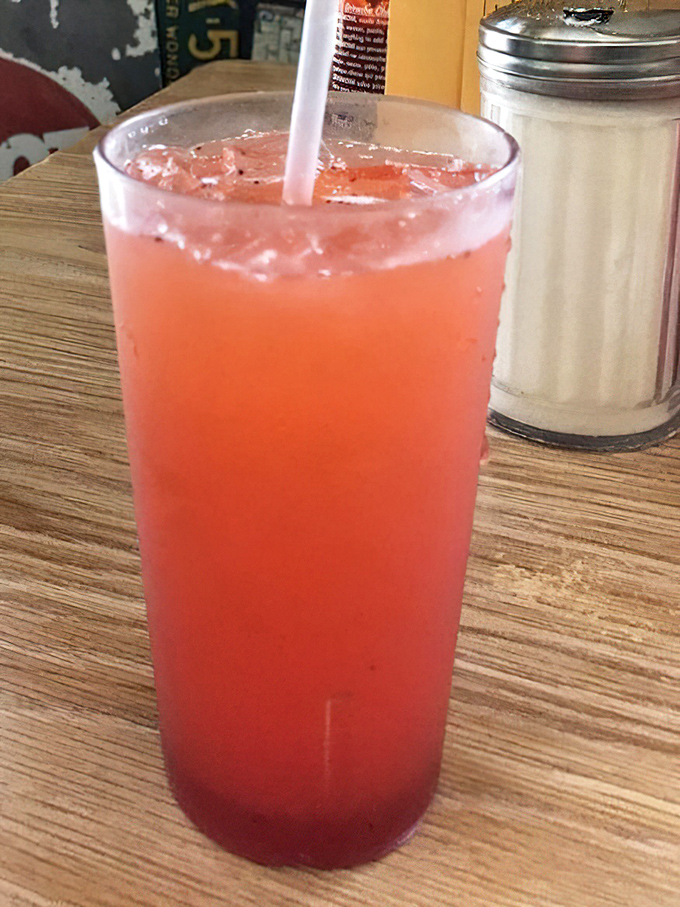 Pink drink, big thoughts. This refreshing beverage provides the perfect counterbalance to the hearty breakfast offerings.