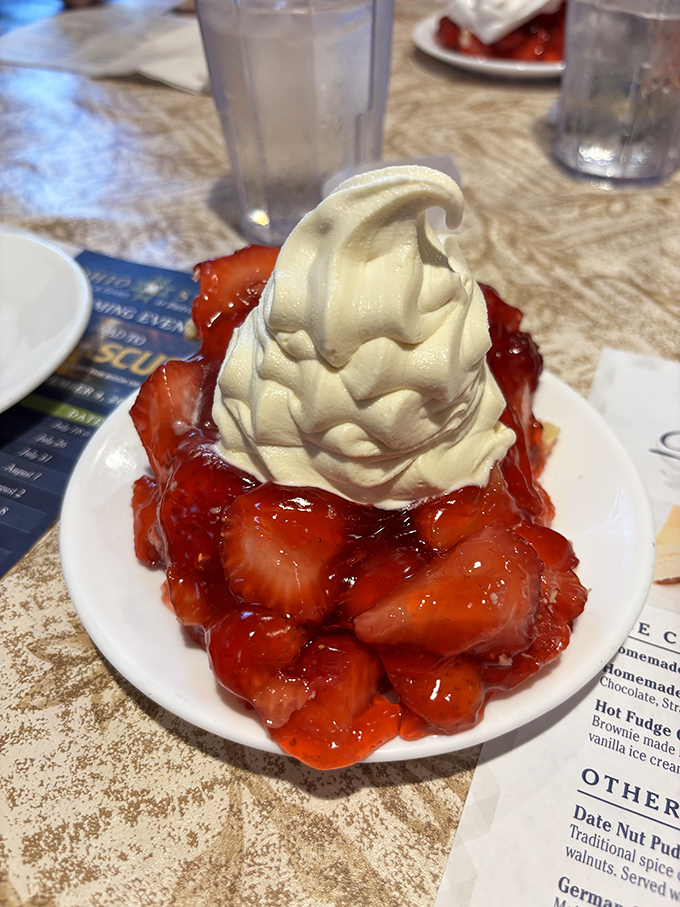 Strawberry shortcake crowned with soft-serve &ndash; because subtlety has no place in dessert decisions at Der Dutchman.