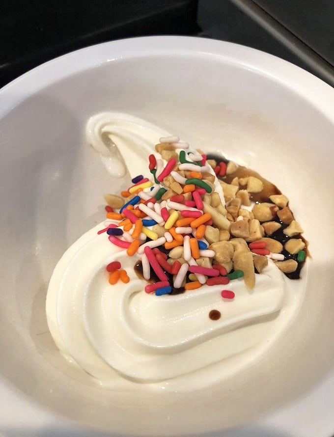 Soft serve perfection topped with sprinkles and nuts – proof that sometimes the simplest desserts deliver the most straightforward joy.