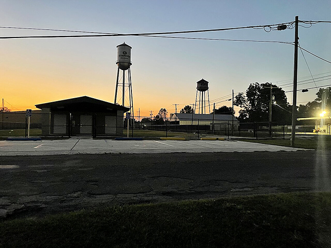 Twin water towers stand sentinel against a twilight sky, silhouettes that have guided generations of Tallulah residents safely home.