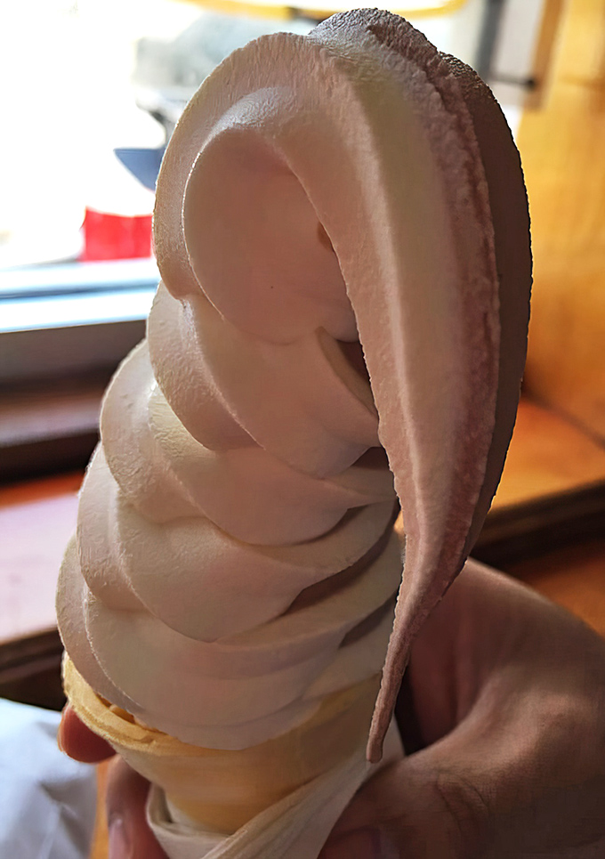 The soft-serve twist—a cold, creamy counterpoint to spicy dogs, sculpted into a gravity-defying swirl that demands immediate attention.