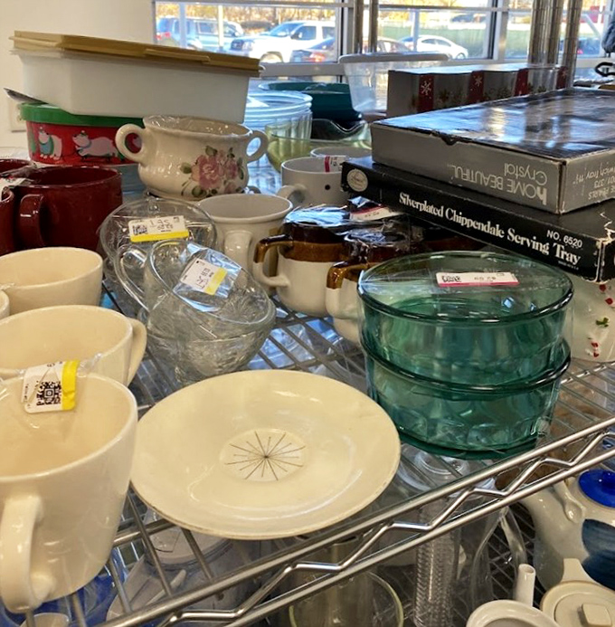 A tableware reunion where yesterday's entertaining essentials await tomorrow's dinner parties. That green dish is definitely plotting something.
