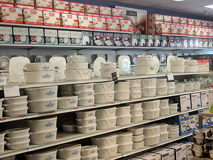 Corelle dishware stacked with military precision &ndash; kitchen essentials that promise both durability and the sweet satisfaction of paying outlet prices.