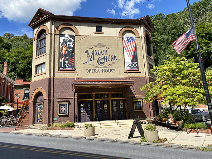 Another angle of the Mauch Chunk Opera House reveals its stately presence on Broadway, a cultural anchor in this mountain town since 1882.