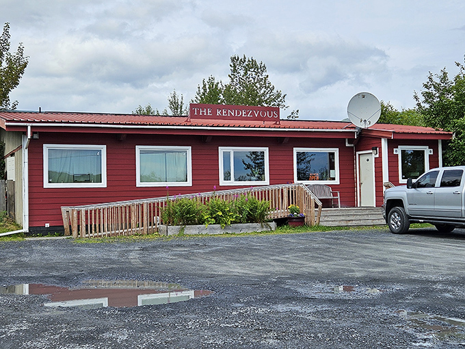 The Rendezvous bar's simple red exterior belies its status as the local watering hole where fishermen and Coast Guard members swap tales of the sea.
