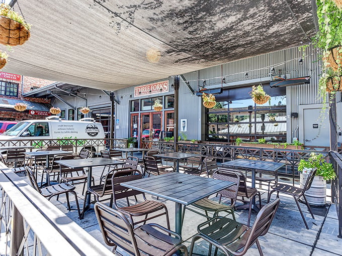 Three Forks Bakery & Brewing Co.'s patio invites you to linger over craft beers and conversations that improve with each passing hour.