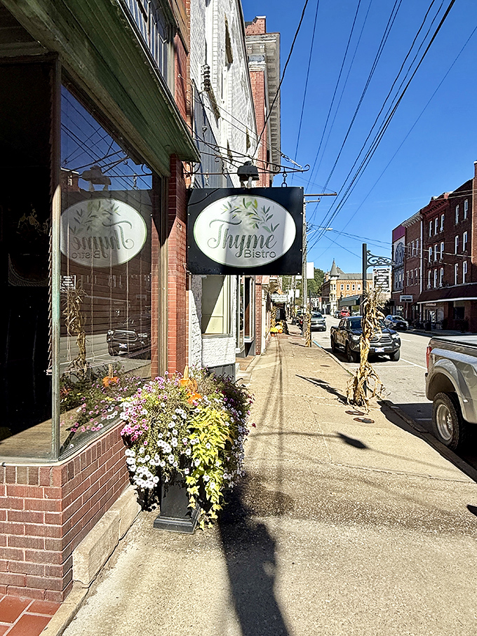 Thyme Bistro's welcoming entrance and gorgeous flower display invite you to slow down and savor a meal. Good food tastes even better when framed by small-town charm.