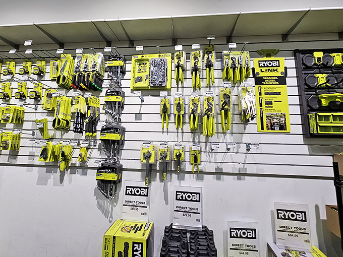 Ryobi tools gleam in coordinated yellow perfection, speaking directly to anyone who's ever started a home improvement project with confidence.