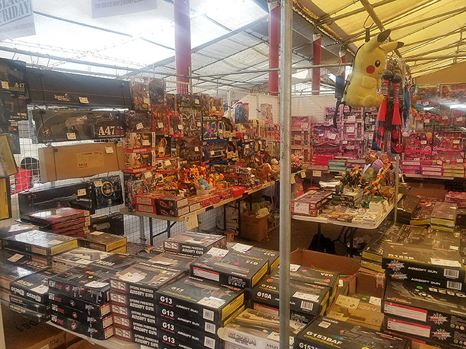 Toy arsenal where plastic meets imagination. Every kid's dream collection of pretend weaponry for backyard adventures and superhero scenarios.