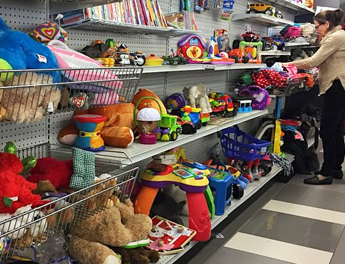 The toy section: where childhood memories are stacked three shelves high and nostalgia comes at bargain prices.