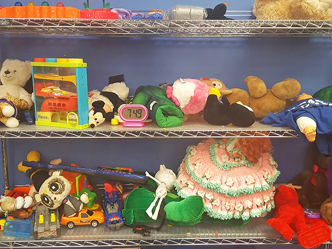Stuffed animals and random toys waiting patiently for second chances with kids who'll love them just as much.