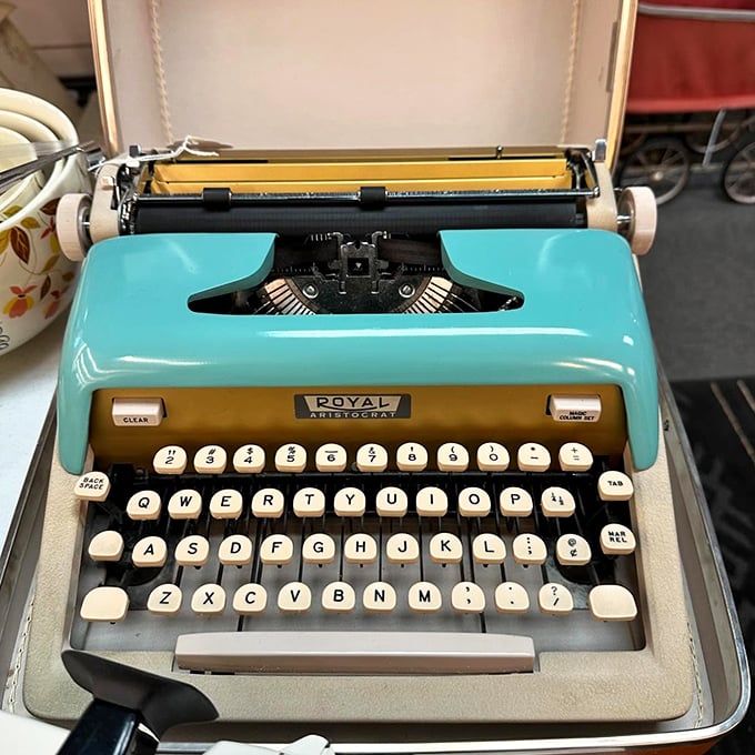 This mint-green Royal typewriter isn't just vintage technology—it's an Instagram-worthy desk accessory that actually produced novels before smartphones existed.