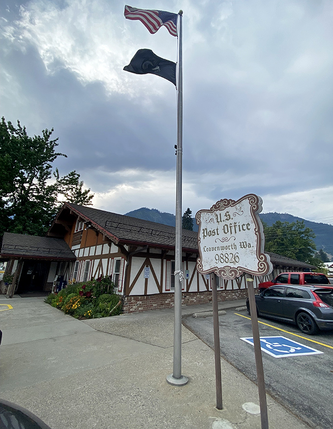 The post office where even junk mail feels special, thanks to its chalet-style architecture and mountain backdrop.