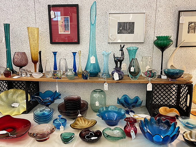 A symphony of colored glass catches the light, each piece a testament to the artistry of glassblowers and the joy of collecting.