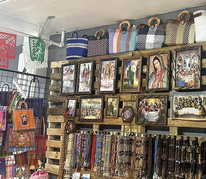 Handwoven baskets and religious art create an eclectic display that speaks to tradition, craftsmanship, and excellent shopping diversity.