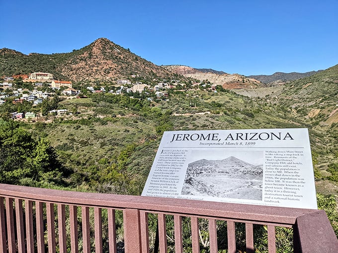 A historical marker offers context, but Jerome's breathtaking panorama of Arizona's landscape needs no explanation to appreciate its majesty.