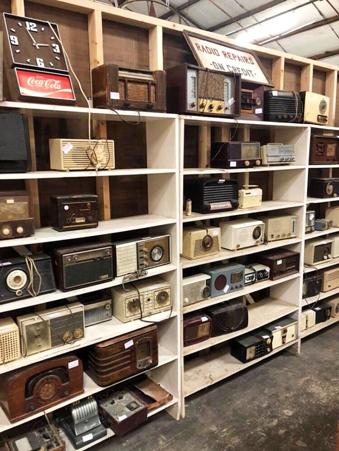 Radio heaven! This wall of vintage receivers once brought news, music, and entertainment into homes long before streaming services existed.