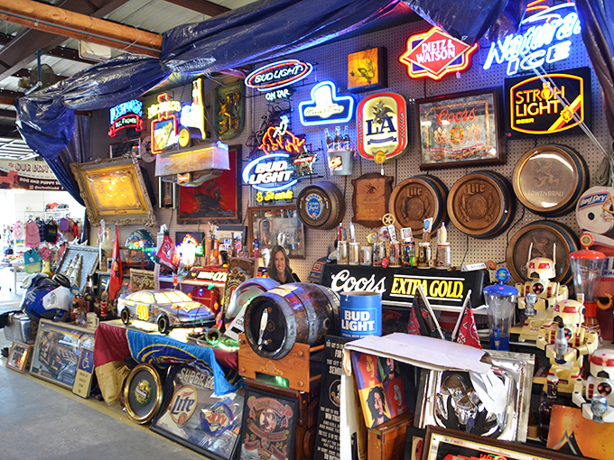 The neon graveyard where beer signs go to shine again. Man-cave decorators and nostalgic collectors, you've found your happy place.