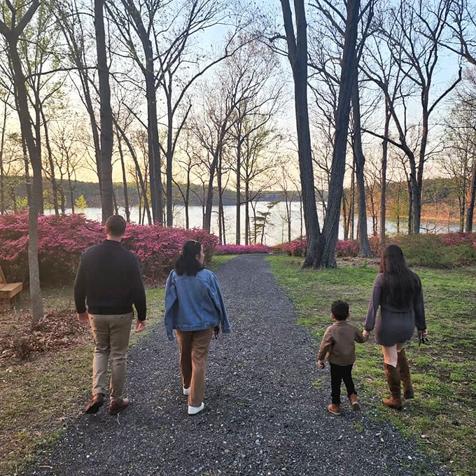 Sunset strolls create the perfect family moment as the day's golden light transforms the garden into something even more magical.