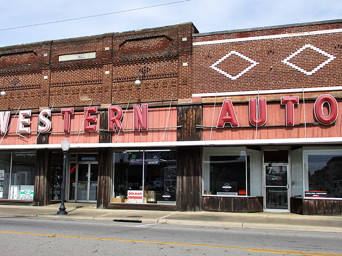 Western Auto's vintage storefront takes you back when auto parts stores had personality instead of fluorescent nightmares.