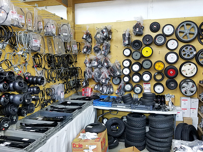 Wheel enthusiasts, rejoice! This vendor's collection of tires and parts could rebuild anything from a Radio Flyer to a riding mower. 