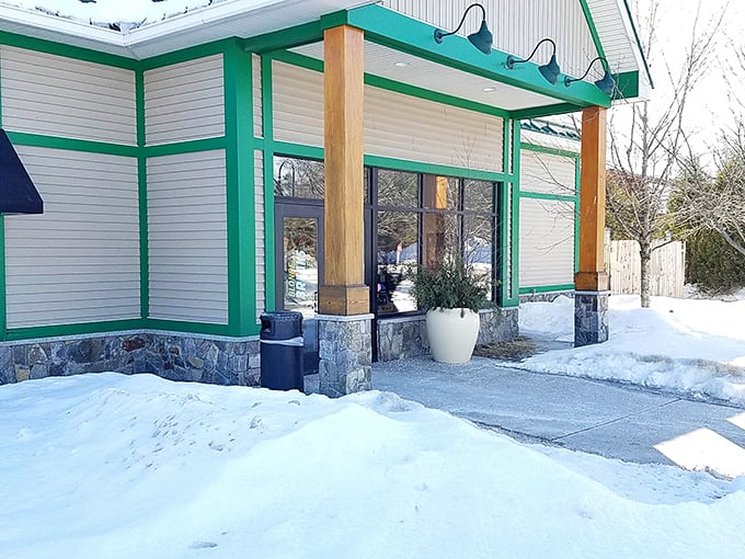 Winter shopping at its finest &ndash; where snow banks frame your retail therapy like nature's own window display.