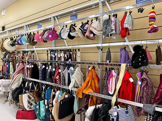 Accessories galore! Handbags, scarves, and hats create a colorful tapestry of fashion possibilities without the department store price tags. 