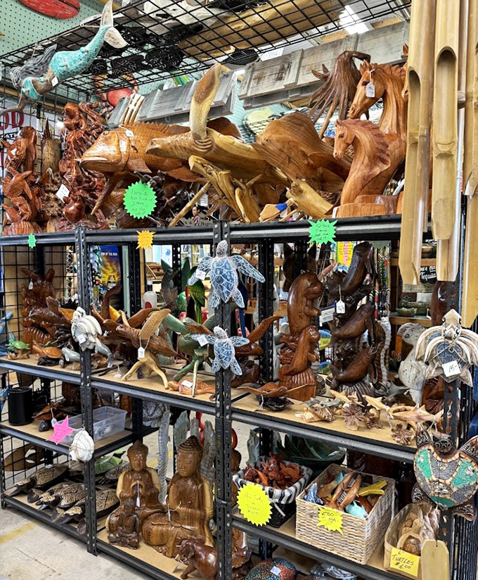 Wooden menagerie where carved creatures seem frozen mid-swim. Perfect for that empty mantel spot you've been trying to fill for years.