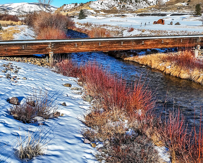 A wooden bridge spans crystal waters where winter's edge meets flowing streams, creating a painting-worthy scene just minutes from downtown.