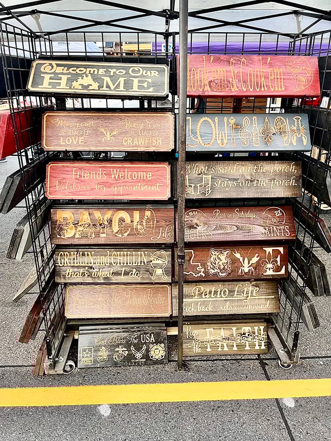 Louisiana pride on display &ndash; these wooden signs speak the local language of crawfish, Saints football, and porch-sitting philosophy.