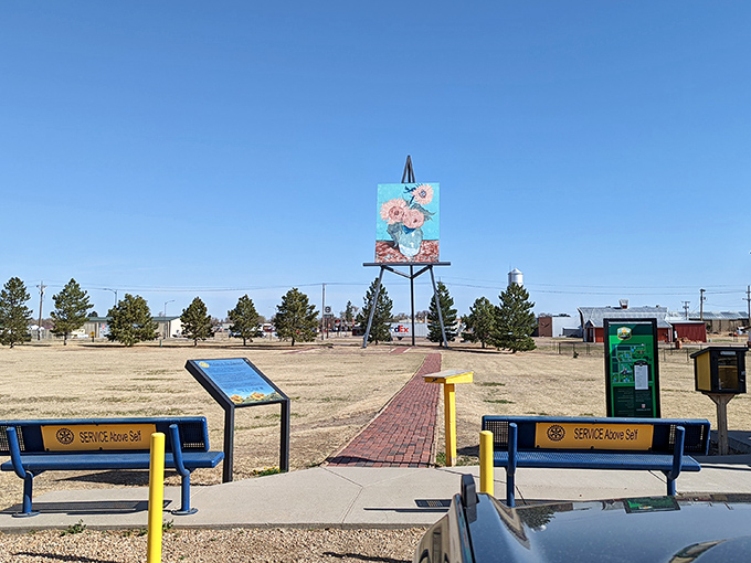 The viewing area offers benches for contemplation. Because when art is this big, you might need a minute to take it all in.